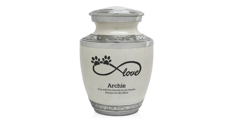 Small Infinity Love Paw Prints Pet Cremation Urn - Radiant White